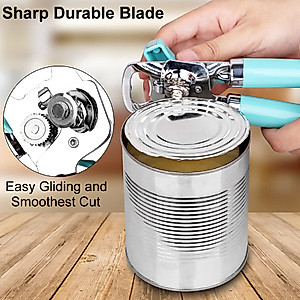 MAIYIONE - Safe Cut Can Opener Manual handheld, No-Trouble-Lid-Lift Can Opener with Magnet, Built in Bottle Opener, Stainless Steel Sharp Blade, Heavy Duty and Easy to Use Large Turn Knob, Aqua Sky