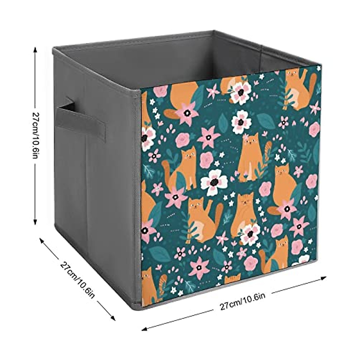 DamTma Cute Orange Cats Collapsible Storage Bins Flowers Fabric Storage Cubes with Handles Basket Storage Organizer for Shelves Closet Bedroom Living Room 10.6 in