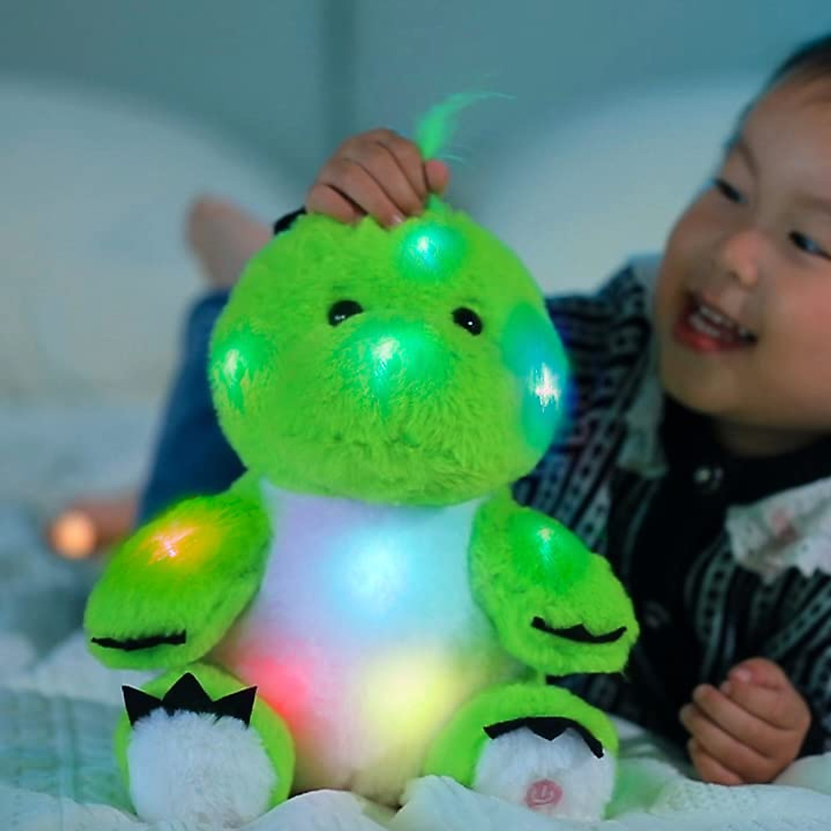 BSTAOFY 11'' Light Up Dinosaur Stuffed Animals Cute LED T-Rex Soft Plush Toy Glow in The Dark Gifts for Kids Boys Girls Valentines Birthday Holiday, Green