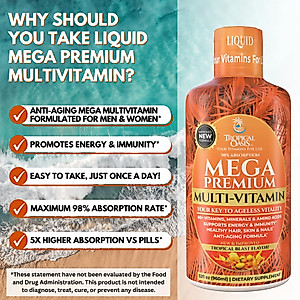 Mega Premium Liquid Multivitamin | Natural Immune Support Vitamin w/ 1333% Vitamin C, 200% D3, Zinc + 20 Vitamins, 70 Minerals, & 21 Amino Acids | Sugar Free | Orange Flavor | 98% Absorption | 32 Serv