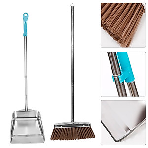 Amosfun Heavy Duty Broom and Dustpan Set, Stainless Steel Broom and Dustpan Set with Long Handle for Home Standing Dust Pan Indoor or Outdoor Brooms Dustpan