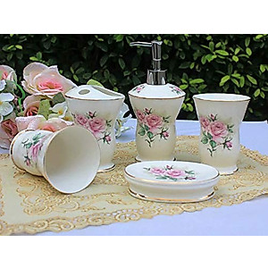 JruF Ceramic 5 Piece Set Bathroom Accessories Set, Bath Set Bathtub Set Soap Dispenser,Toothbrush Holder, Soap Dish, Tumbler Decoration, Gift Set,Pink Rose Flowers