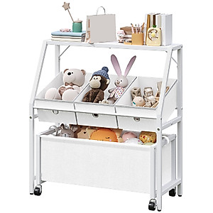 MAHANCRIS Toy Storage Organizer for Kids, Toddler Toy Storage with Wheeled, Toy Storage Shelf with 3 Storage Bin, for Living Room, Nursery, Playroom, Bedroom, White SCBW16801