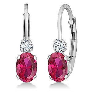 Gem Stone King 14K White Gold Red Created Ruby and White Created Sapphire Leverback Earrings For Women | 1.08 Cttw | Gemstone July Birthstone | Oval 6X4MM, Round 2MM | 3/4 Inch