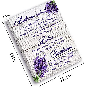 Ladies and gentlemen Bathroom Rules canvas Wall Decor, Lavender purple theme Bathroom Decor Wall Art,Farmhouse Toilet Wall Decor,Rustic Bathroom Funny Rules Prints Signs Framed 12"x15"