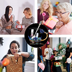 Flower Glass Tea Cups with Spoon Glass Coffee Mugs Enamel Handmade Unique Butterfly Rose for Women Valentine's Day Birthday Christmas New Year Decoration Wedding Gift (Rose-Blue-Short)