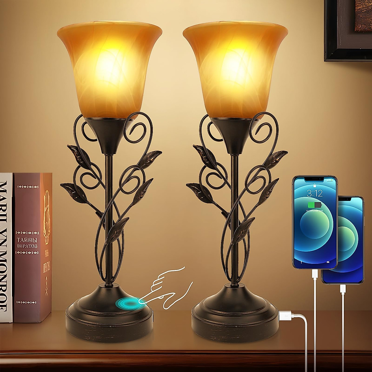 Touch Table Lamps for Bedroom, Bedside Lamps with USB Ports, 3-Way Dimmable Decorative Nightstand Lamp Rustic Leaf Torchiere Glass Flower Lamp for Living Room Dresser (Bulbs Included)