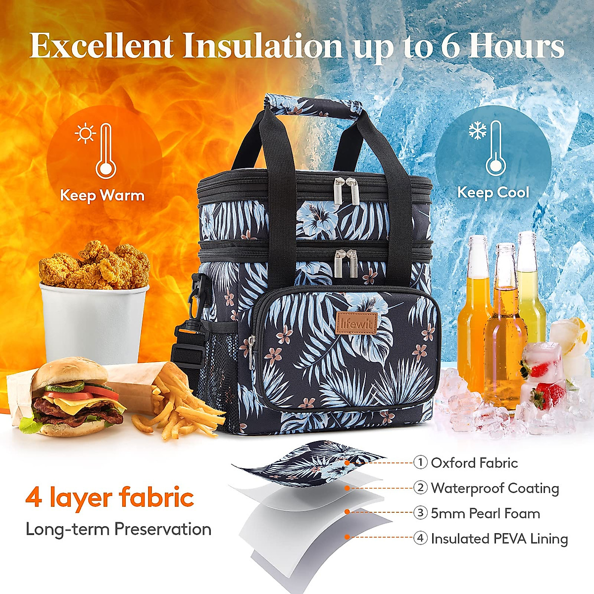 Lifewit Lunch Box for Men Women Double Deck Lunch Bag, Large Insulated Soft Cooler Bag, Leakproof Soft Meal Prep Lunch Tote with Shoulder Strap for Adults for Work/Flight/Travel, 12L/16Can, Flower