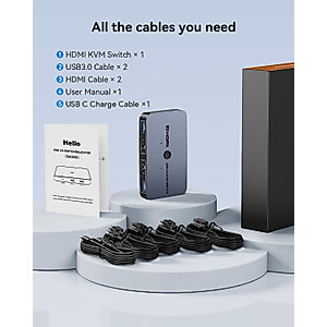 KVM Switch, ABLEWE Aluminum KVM Switch HDMI,USB Switch for 2 Computers Sharing Mouse Keyboard Printer to One HD Monitor, Support 4K@60Hz,2 HDMI Cables and 2 USB Cables Included
