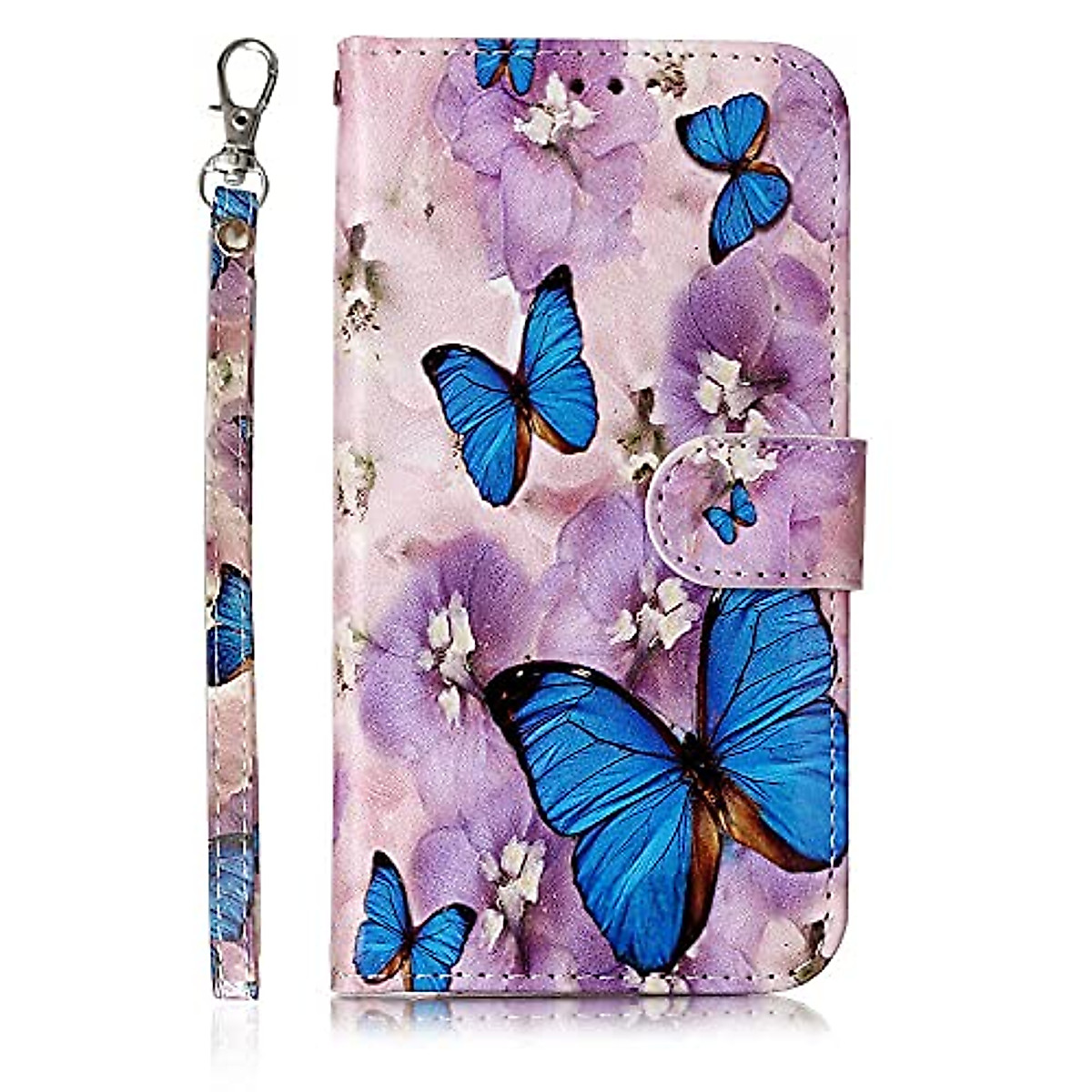 JanCalm Compatible with iPhone 12 Wallet Case/iPhone 12 Pro Wallet Case, Floral Pattern PU Leather [Wrist Strap][Card/Cash Slots] Stand Flip Cover for iPhone 12/12 Pro 6.1 inch (Butterfly/Purple)
