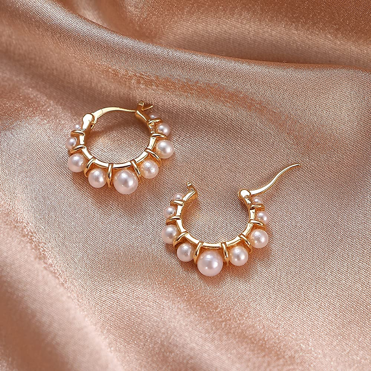 Pearl Gold Hoop Earrings for Women, 14K Plated Gold Hoop Earrings Lightweight Faux Pearl Earrings Dainty Beaded Hoops for Girls