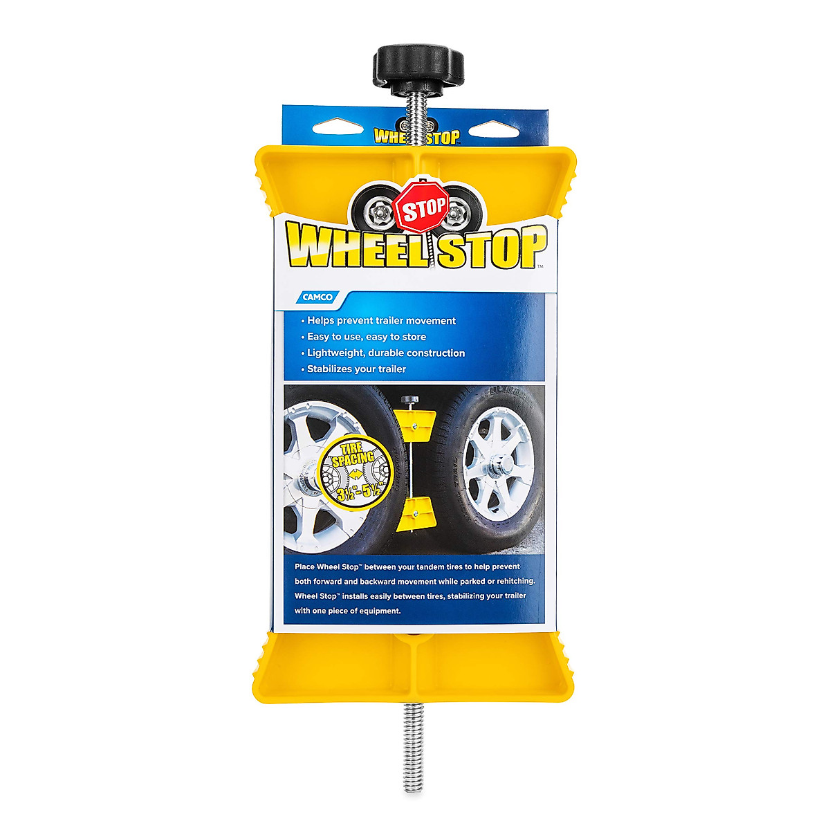 Camco Large RV Wheel Stop | Fits 26 to 30-inch Diameter Tires and Tire Spacing from 3 ½ to 5 ½-inches | Yellow (44622)