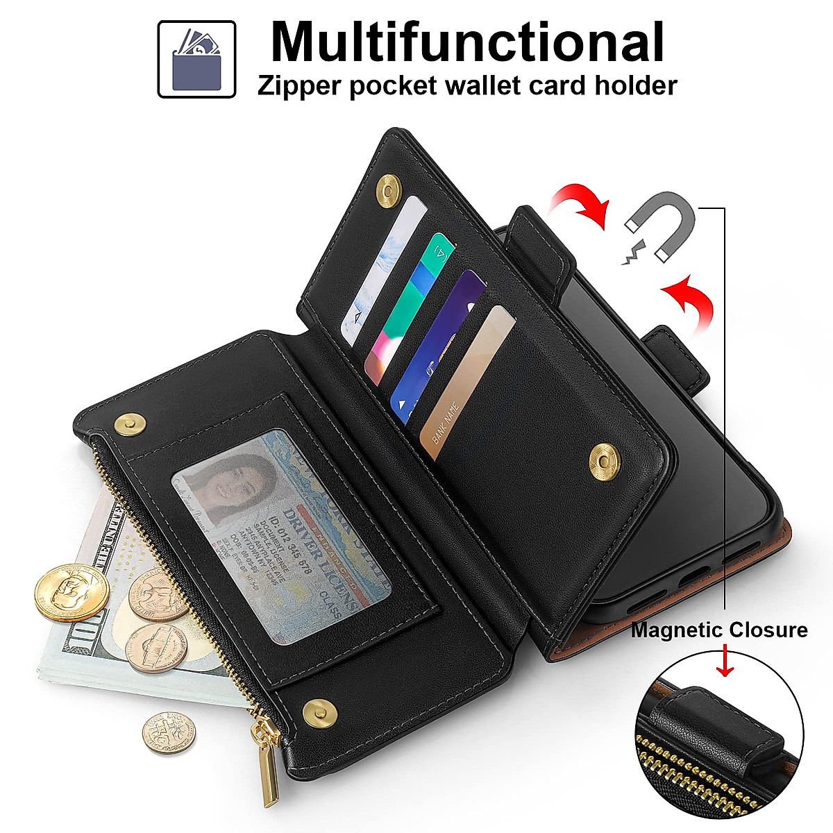 Antsturdy Samsung Galaxy Note 20 Ultra 5G case Wallet with Card Holder for Women Men,Galaxy Note 20 Ultra 5G Phone case RFID Blocking PU Leather Flip Cover with Strap Zipper Credit Card Slots,Black