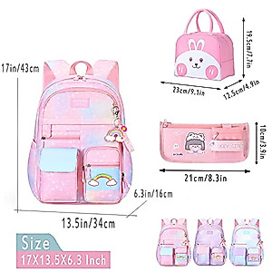 IHZZ Kawaii Backpack, Pink Backpack for Girls, Kid Starry Rainbow Bookbag, Cute Backpack for Kids, Aesthetic Backpack, Pink(3 PCS Set), 3 Pcs-set Pink Kawaii Backpack