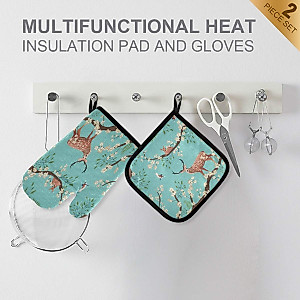 ZZXXB Deer Plum Floral Oven Mitts and Pot Holders Set of 2 Heat Resistant Non-Slip Kitchen Gloves for Cooking Baking Barbecue Grilling
