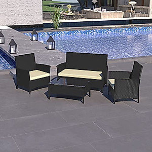 IDS Online MLM-17240 1 Loveseat 2 Single Chairs Cushion, Leisure Glass Top Coffee Table for Garden Lawn Poolside Backyard 4 Piece Rattan Pattio Outdoor Furniture Wicker Conversation Set, Black-White