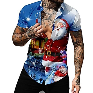 Lcxifdre Funny Christmas Shirts Mens Christmas Santa 3D Digital Print Button Lapel Short Sleeve Shirt T Shirt Slim Fit Tops Blue