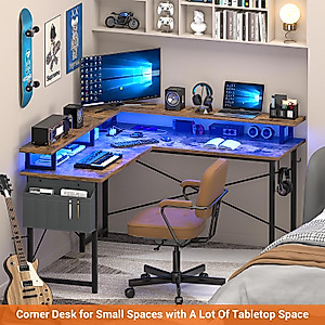 armocity L Shaped Computer Desk with Power Outlets, Gaming LED Lights, Corner Storage Shelves, Work Study for Bedroom, Home Office, Small Spaces, 47'', Rustic Brown