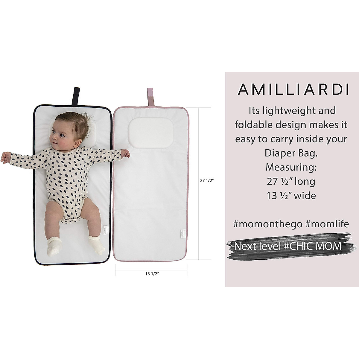 Portable Diaper Changing Pad Stylish & Chic by AMILLIARDI for Travel w/Baby, Infant & Newborn, Changing Mat Portable (Black)