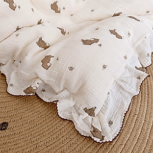 AOJIM Kids Bedding Duvet Cover with Little Bee and Brown Bear, Cotton Toddler 2-Layer Gauze Muslin Comforter Cover 47X59'', Ruffled Design Baby Duvet Protector for Girls Boys, No Pillowcases or Quilt