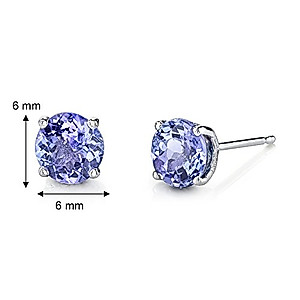 Peora 14K White Gold Tanzanite Stud Earrings for Women, Genuine Gemstone, Classic Solitaire Round Shape, 6mm, 1.50 Carats total, Friction Back