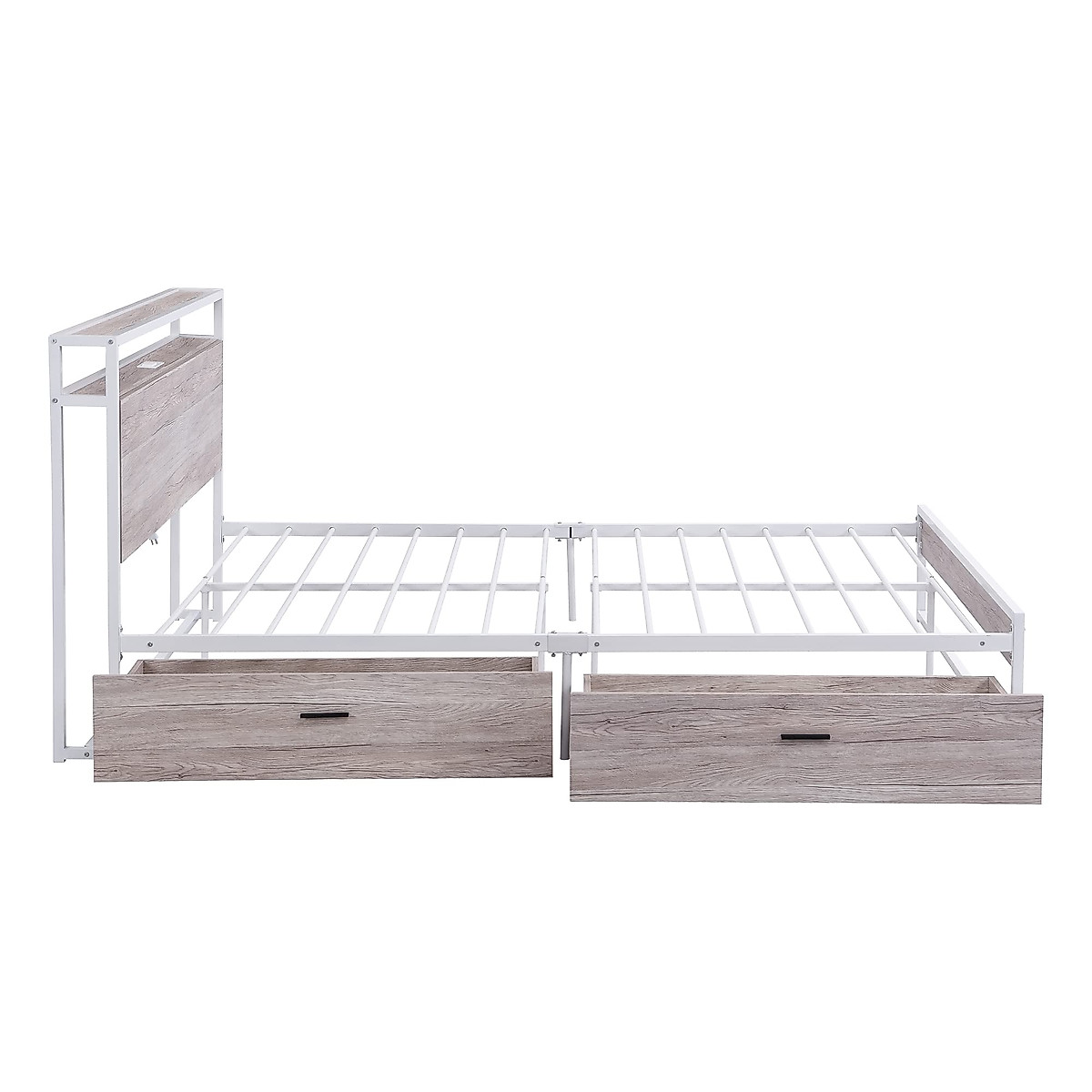 Metal Bed Frame Queen with Two Drawers Queen Size Storage Bed with Sockets, USB Ports and Slat Support for Living Room Bedroom,No Box Spring Needed/Easy Assembly (White)