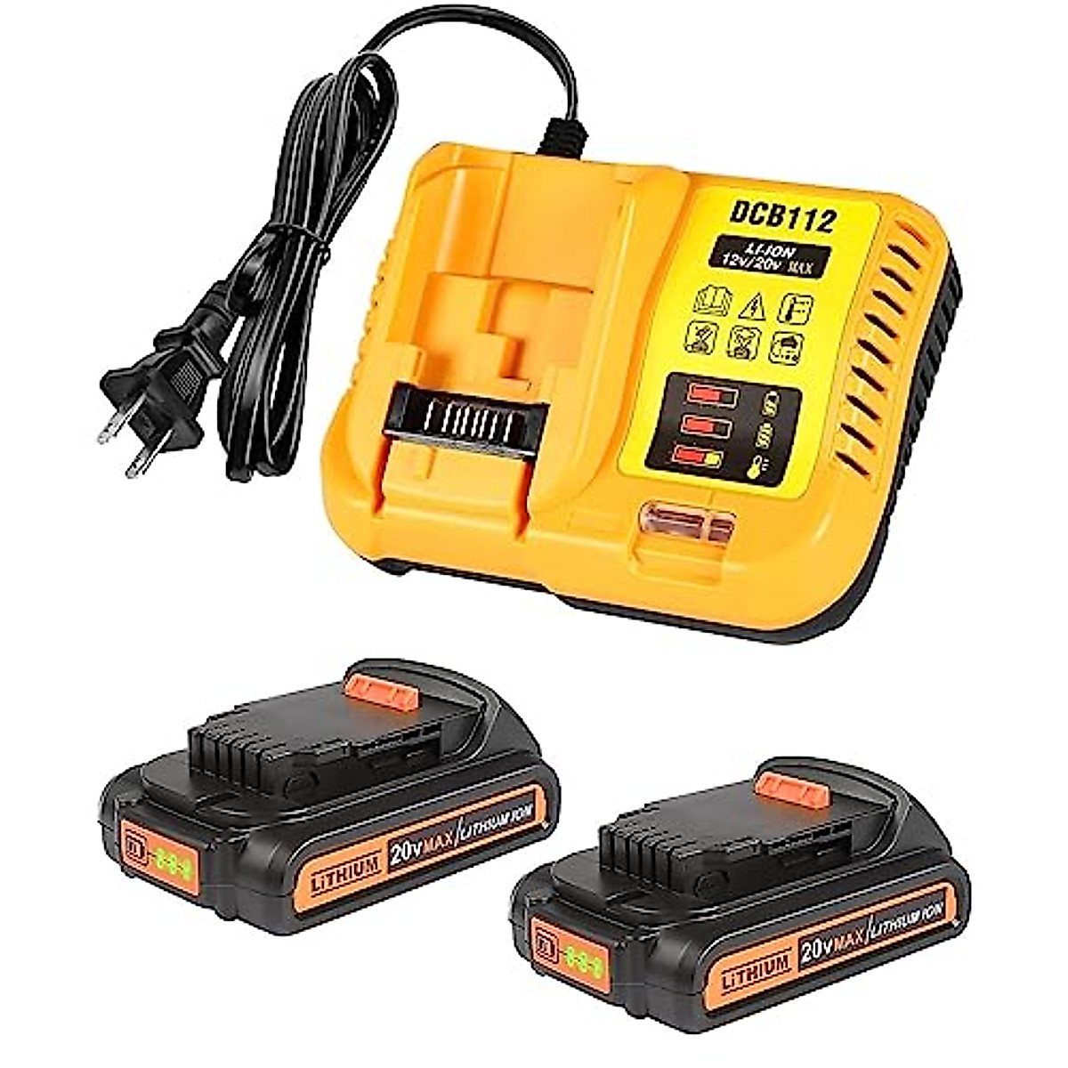 3.0Ah Replacement for Dewalt Battery 20V 2Pack and Charger Compatible with DCB102 DCB104 DCB118 DCB115 DCB205 DCB204(Orange)