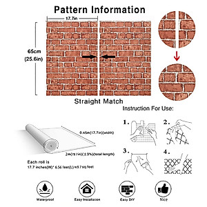 Naphite Red Brick Wallpaper Peel and Stick Removable Self Adhesive Faux Brick Wallpaper Fake Brick Stick on Wallpaper Brick Contact Paper Brick Wall Paper Textured Wallpaper Waterproof17.7×78.7 inches