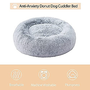 WNPETHOME Calming Dog Bed & Cat Bed, Anti-Anxiety Donut Small Dog Bed, Fluffy Faux Fur Cat Cushion Dog Bed for Small Dogs and Cats (20"/24"/27"/30") (20 x 20 x 8 Inch, Light Grey)