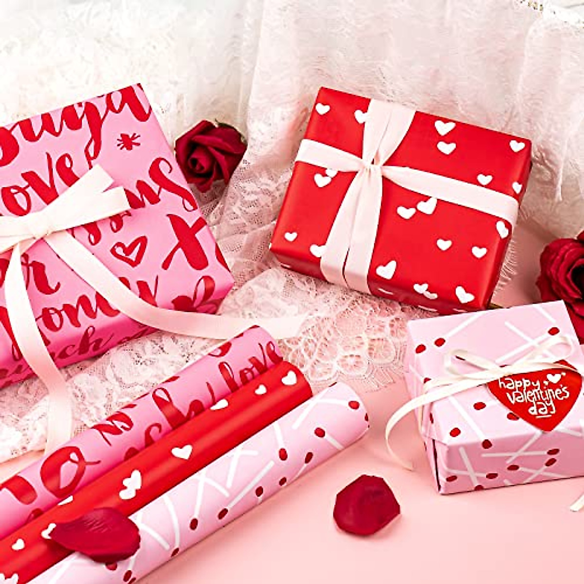 WRAPAHOLIC Valentine's Day Wrapping Paper Roll - Mini Roll - 3 Rolls - 17 Inch X 120 Inch Per Roll - Pink and Red Sweet Design for Wedding, Baby Shower and Birthday