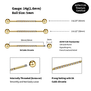 FINE4U Gold Industrial Piercing Jewelry 14G 36mm 1pc - ASTM F136 Titanium Industrial Barbell, Industrial Earrings, Cartilage Body Piercing Jewelry with CZ (1 & 2/5 Inch)