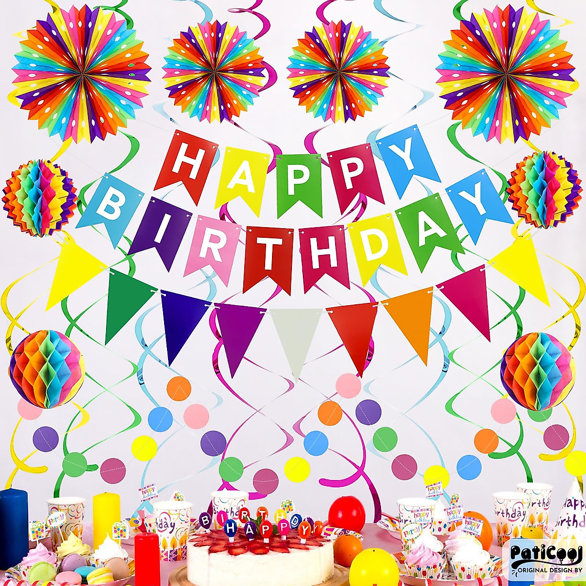 PatiCool Happy Birthday Party Decorations Pack with Rainbow Happy Birthday Banner, Honeycomb Balls, Circle Dot Garland, Paper Bunting Banner, Paper Fans and Hanging Swirls Streamers