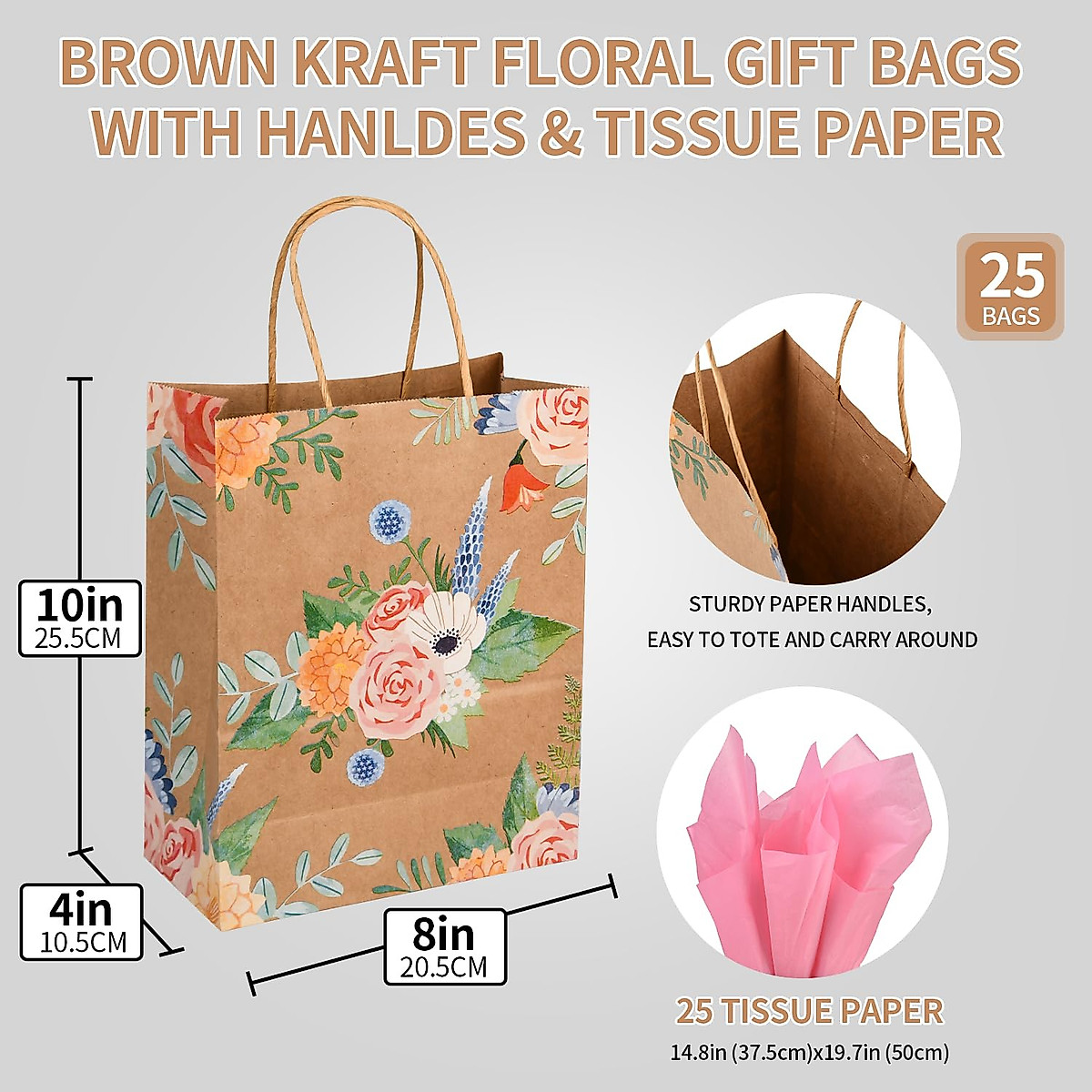 DjinnGlory 25 Pack 10x8x4 Inch Medium Sized Brown Kraft Floral Paper Gift Bags with and 25-Sheet Pink Tissue Paper for Birthday Wedding Baby Shower Party Treats, Goodies, Christmas Gifts (Thank You Design)