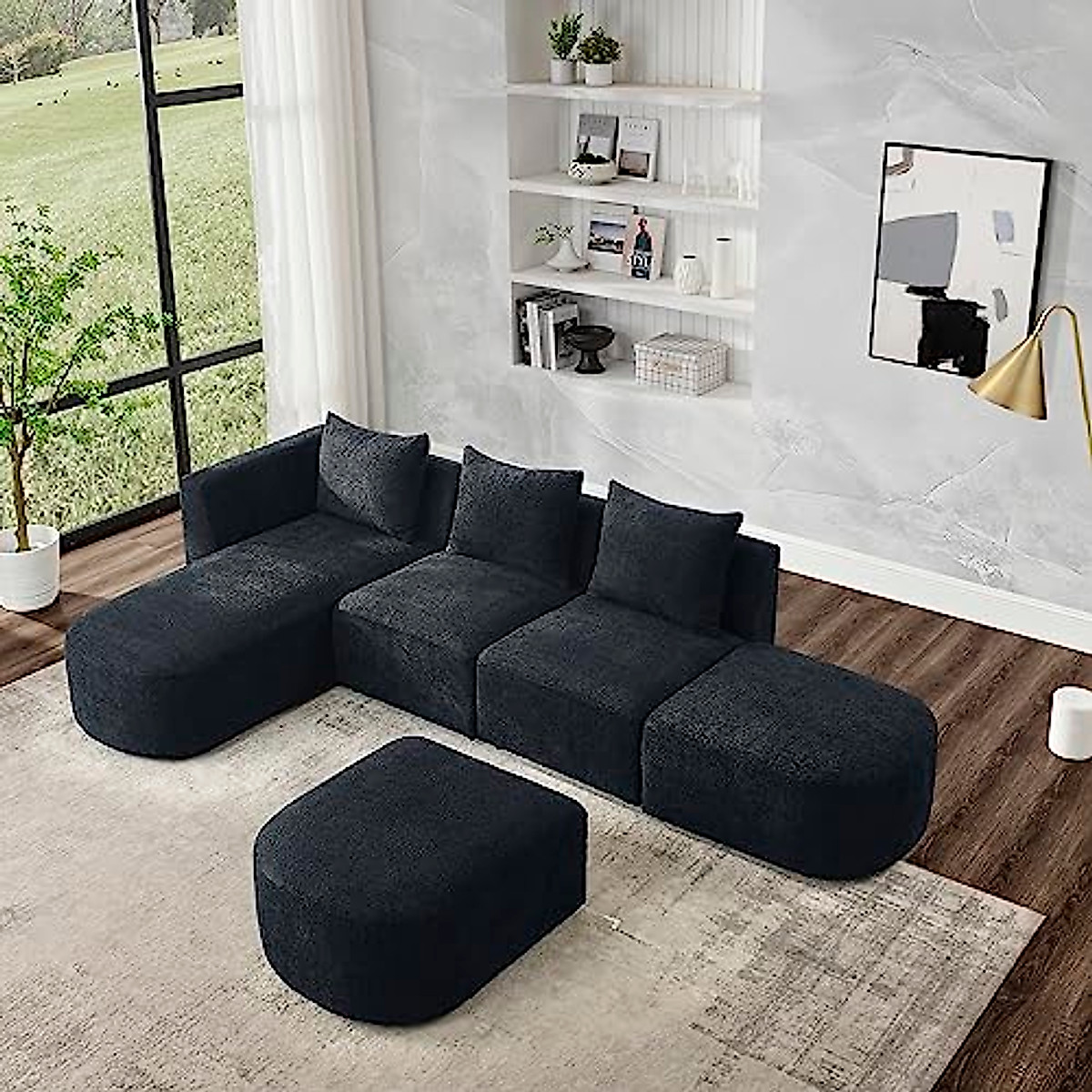 Free Combination Upholstered Reversible Modular Sectional Sofa,Rearrangeable L-Shaped Corner Cloud Deep Sofá with Left Side Chaise,Ottoman and Waist Pillows for Living Room Office Furniture Set