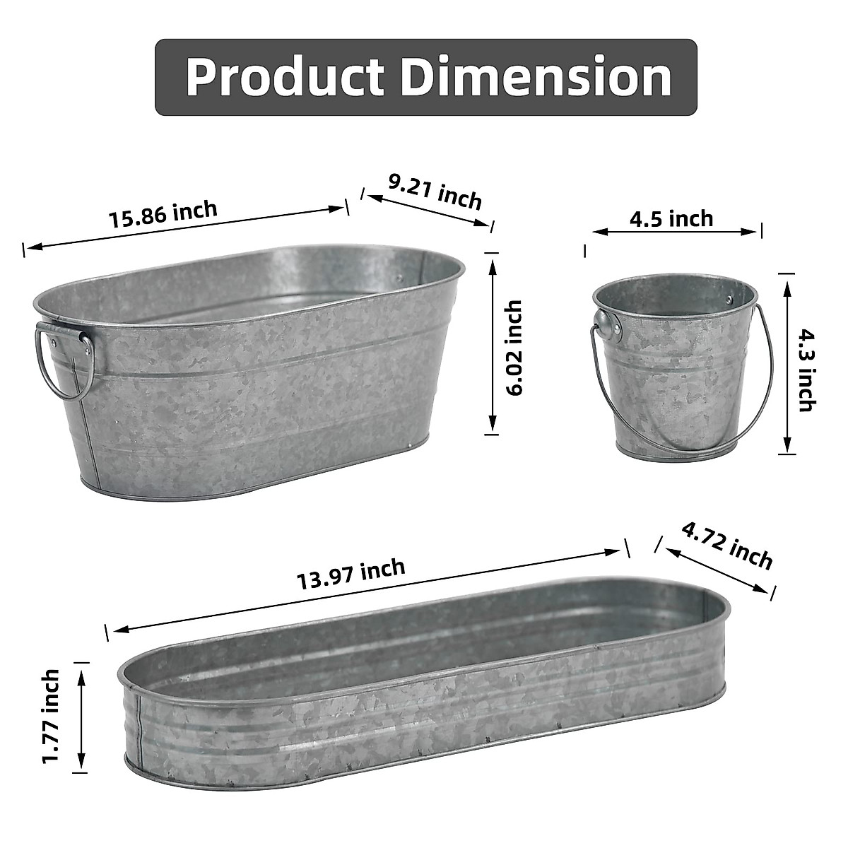 Oval Ice Bucket with 3 Serve Buckets Set-Condiments, Nuts, Ice Cream, Snacks, Galvanized Metal Drink Cooler Beverage Tub, Chill Wine & Beer, 2.4 for Home Parties Gallons, Galvanized