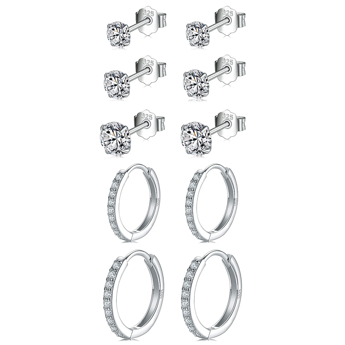 925 Sterling Silver Stud Hoop Earrings Set - Cubic Zirconia Stud Earrings for Women - White Gold Plated Hypoallergenic hoop Earrings（5 pairs）