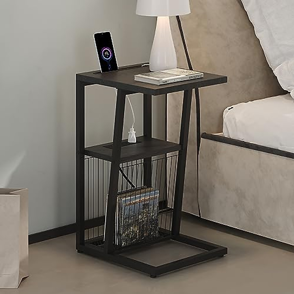 Heybly Side Table Set of 2, C Shaped Nightstand End Sofa Table with Charging Station for Small Spaces,Snack Couch Tables with Phone Holder, 2 USB Ports and Power Outlets HET001CB2