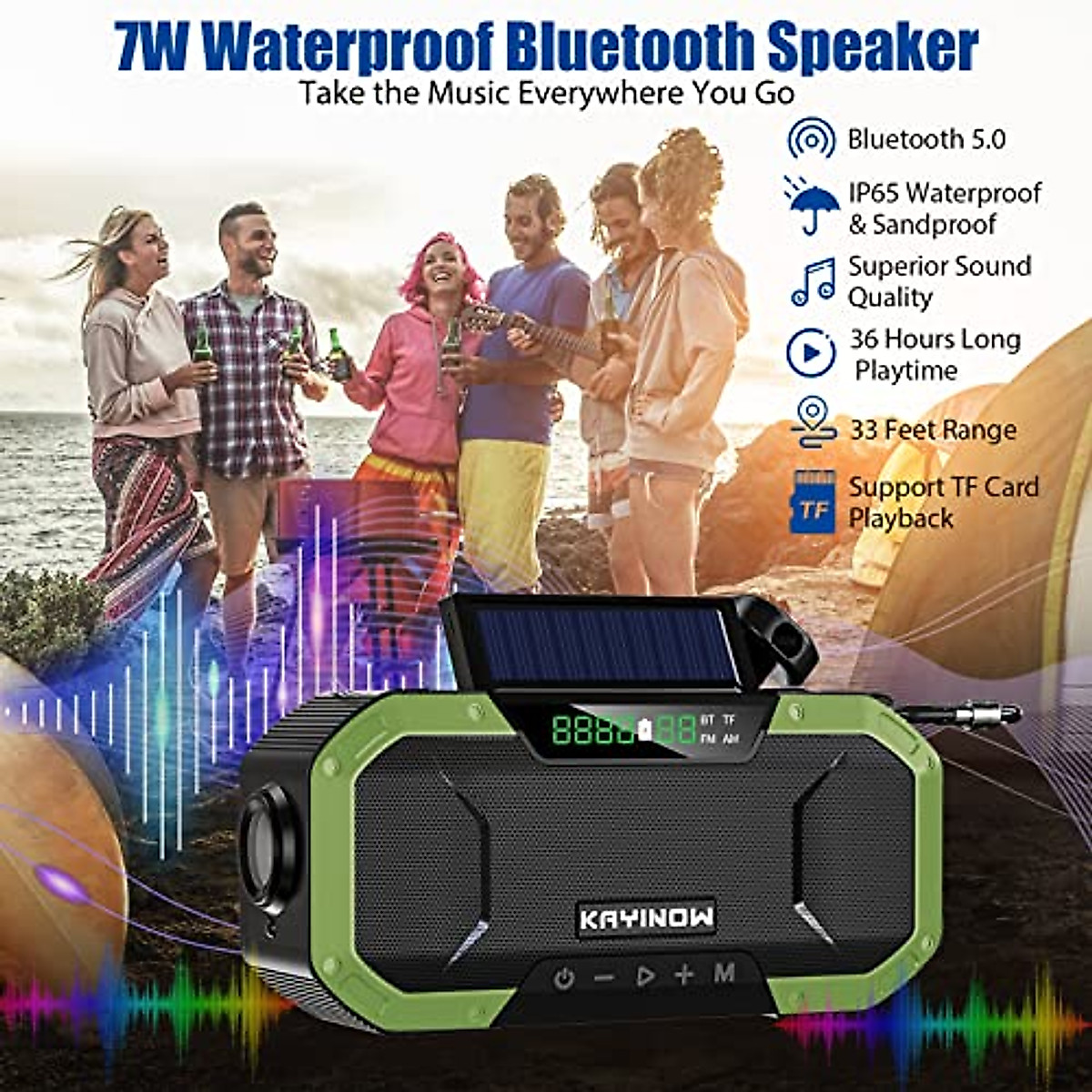 Emergency Hand Crank Solar Radio,Waterproof Bluetooth Speaker,AM FM NOAA Portable Digital Weather Radio with Flashlight,Reading Lamp,5000mAh Cell Phone Charger,SOS Alarm,Compass,Survival Camping Gear
