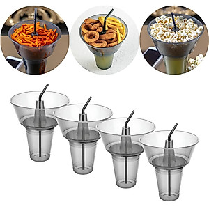EYNEL Stack n' Sip Snack Cups, 4 Pack Reusable Plastic Drink and Snack Cups with Straws Stadium Tumbler with Top Bowl for French Fries and Coke Perfect for One-Handed On-The-Go Usage (Round, 4, Count)