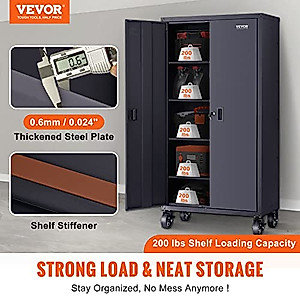 VEVOR Metal Storage Cabinet with Wheels, 200 lbs Load Capacity per Shelf, 72'' Tall Powder-Coating Steel Garage Cabinet with 4 Adjustable Shelves, Magnet Doors & Lock, Perfect for Office Home Garage
