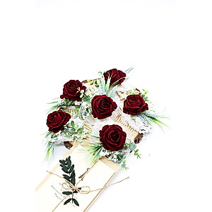 Ansofi Set of 6 Burgundy Wedding Wrist Flower Wine Red Floral Wrist Corsage Bridal Rose Leaf Hand Flowers for Bride and Bridesmaid Festival Prom Engagement