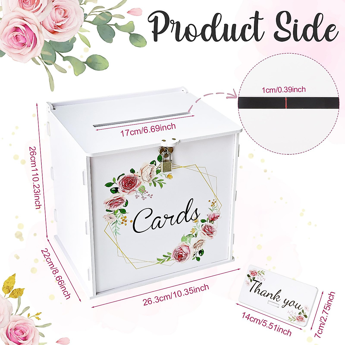 OurWarm PVC White Wedding Card Box with Lock, DIY Gift Card Box for Wedding Reception, Pink Rose Wedding Money Envelope Box for Party Graduation Birthday Baby Shower Decorations