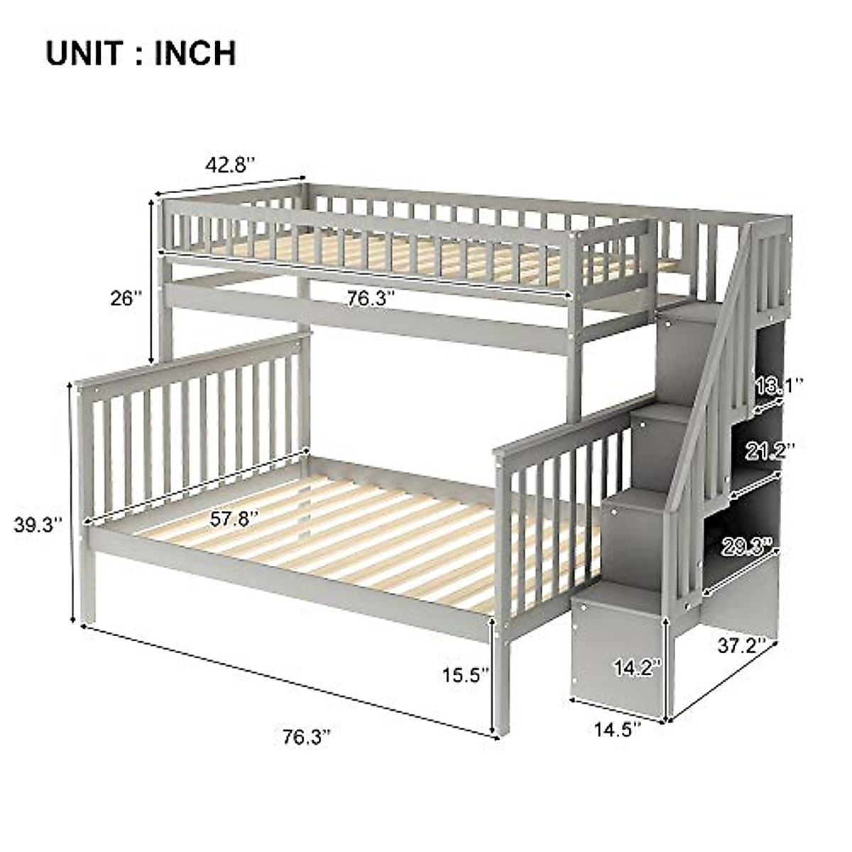 Merax Twin Over Full Bunk Bed with Stairs, Wood Bed Frame with Storage Space and Guard Rail for Bedroom, Dorm, for Teens, Adults, Grey