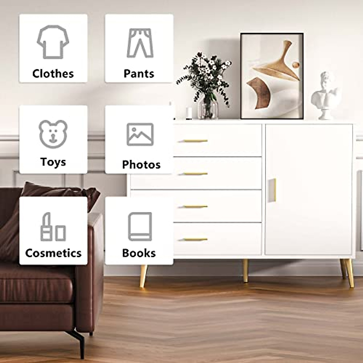 RESOM Storage Cabinet with Drawers & Door, Sideboard Cabinet with Adjustable Shelf, Printer Stand for Home Office, Free Standing Accent Cabinet for Living Room, Bedroom and Hallway (White)