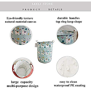 LEELI Laundry Hamper with Handles Collapsible Canvas Laundry Basket,Waterproof Storage Basket Home Organizer for Nursery,Clothes,Toys,Baby Hamper19.7×15.7(Blue Llama)