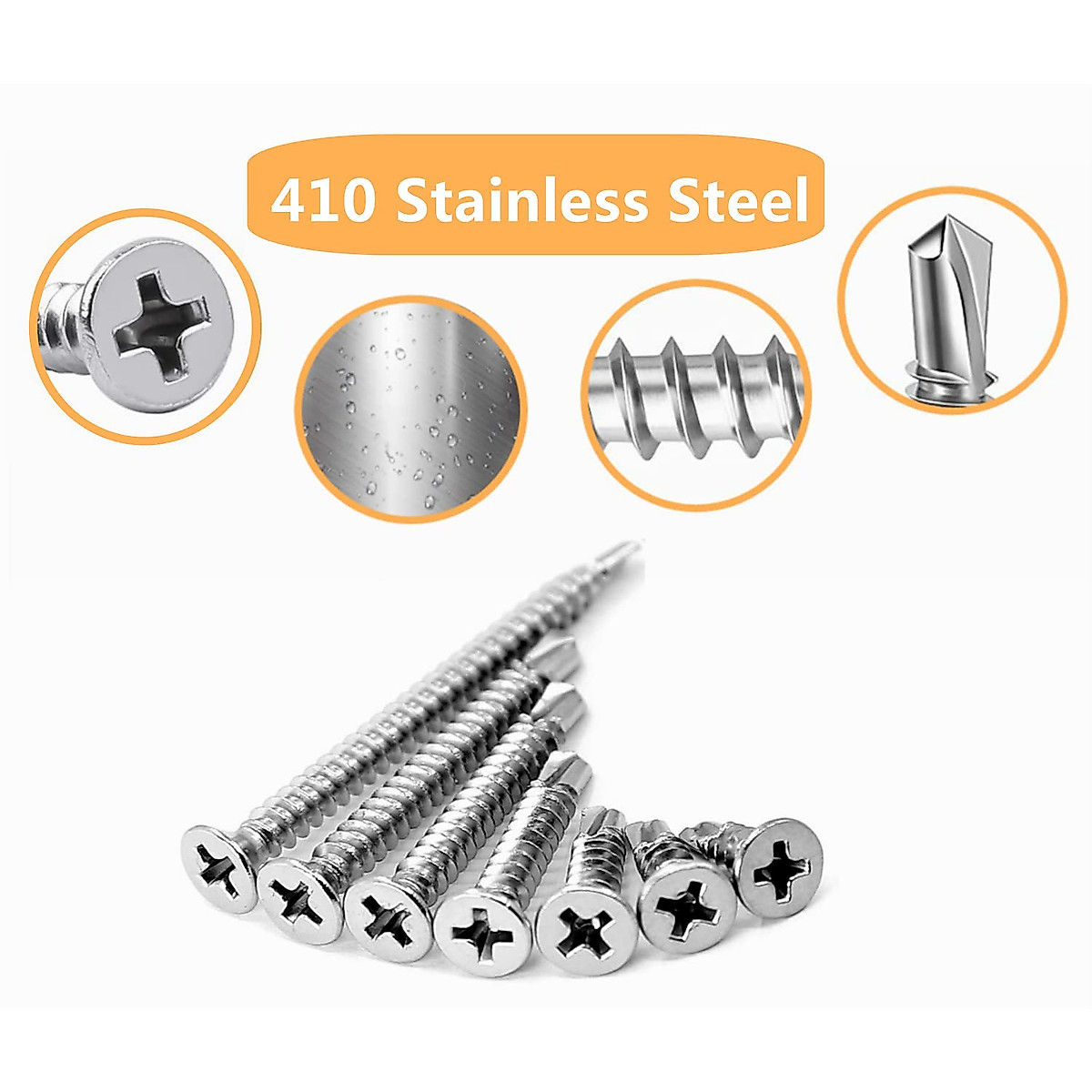 Guard4U 300Pcs 7-Size 410 Stainless Steel #8 SAE Flat Head Phillips Self Drilling Screws Sheet Metal Tek Screws Assortment Kit, Modified Truss Head Self Driller- #8 x 1/2" to #8 x 2"