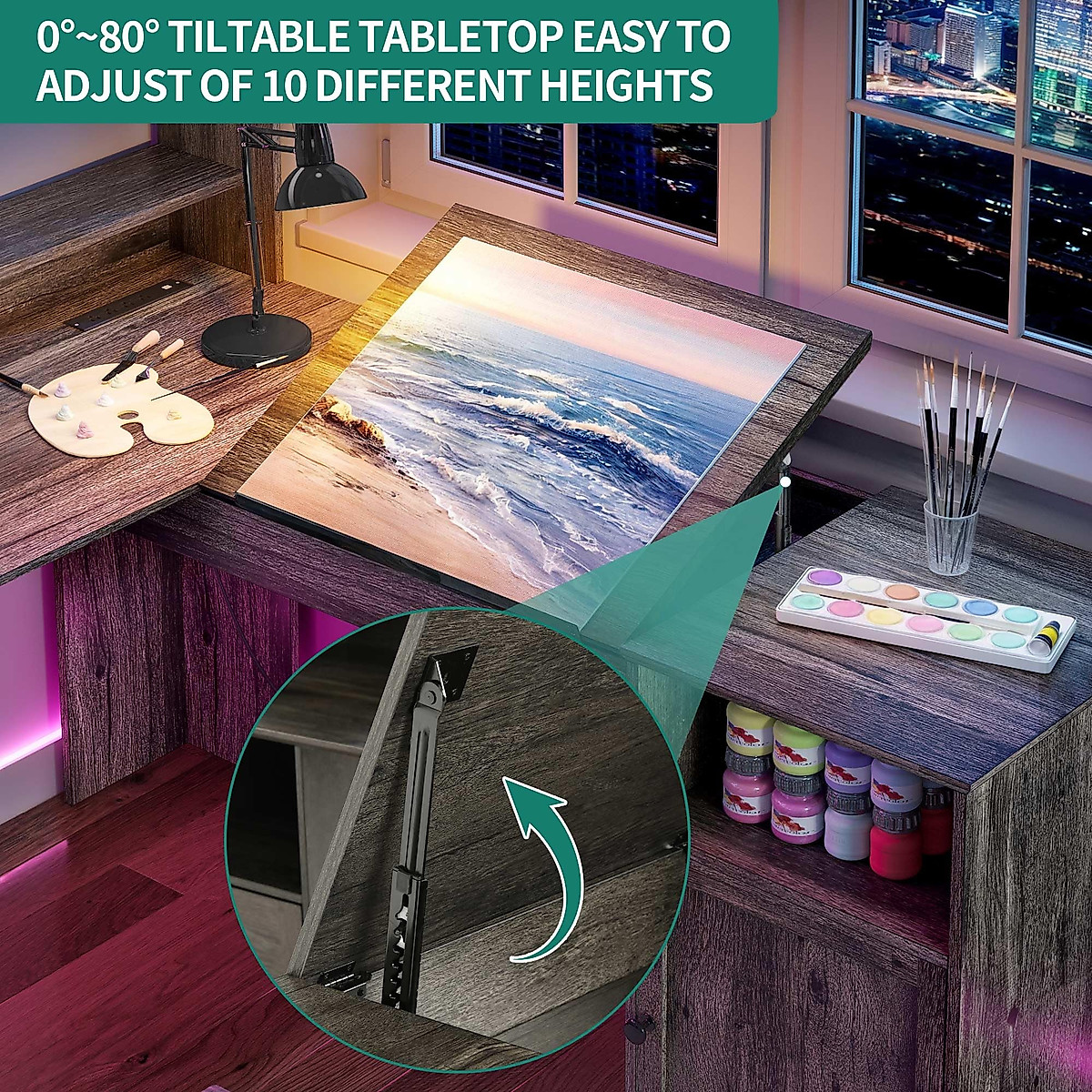 YITAHOME L Shaped Desk with Drawers & Hutch, 61" Computer Desk with Power Outlets & LED Lights, Corner Office Desk with Storage Cabinet, Drafting Table, Wood Desk, Grey