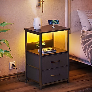 Seventable Nightstand with Charging Station, Bedside Table with LED Lights, Night Stand with 2 Fabric Drawers, 3-Tier Storage End Table for Bedroom, Black