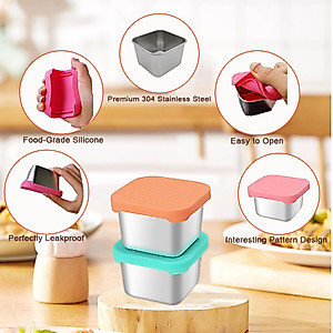 HyStarsigo Set of 3 Stainless Steel Snack Containers for Kids (6oz), Leak Proof Stackable Small Metal Food Containers with Silicone Lids, Stainless Steel Lunch Box for Toddlers and Kids