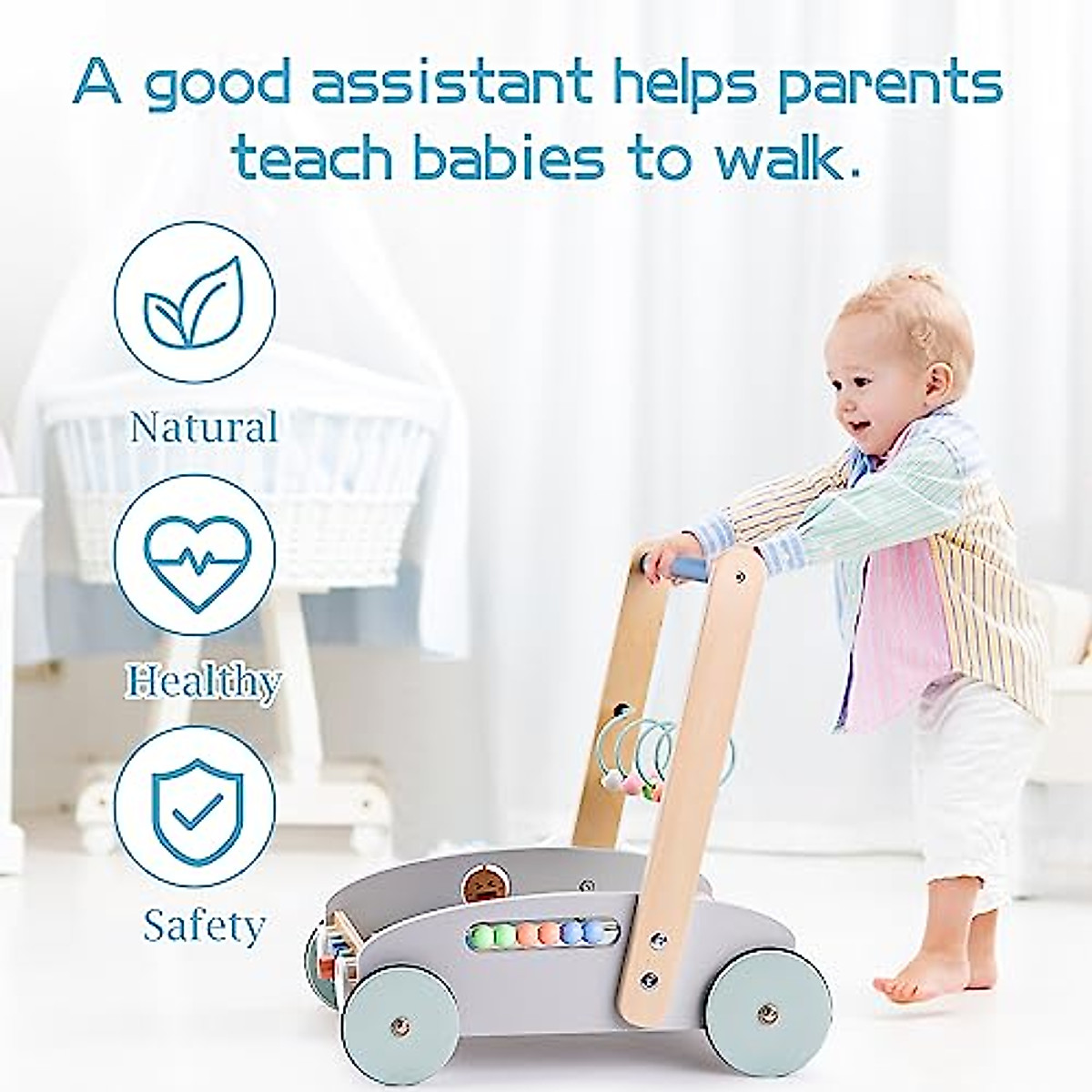 Wooden Baby Walker, Push Toys for Babies Learning to Walk,Shopping Cart for Kids Garden Wagon and Play Set with Abacus Blocks Push and Pull Learning Walking Educational Gift for Toddler Boy Gir 2 3